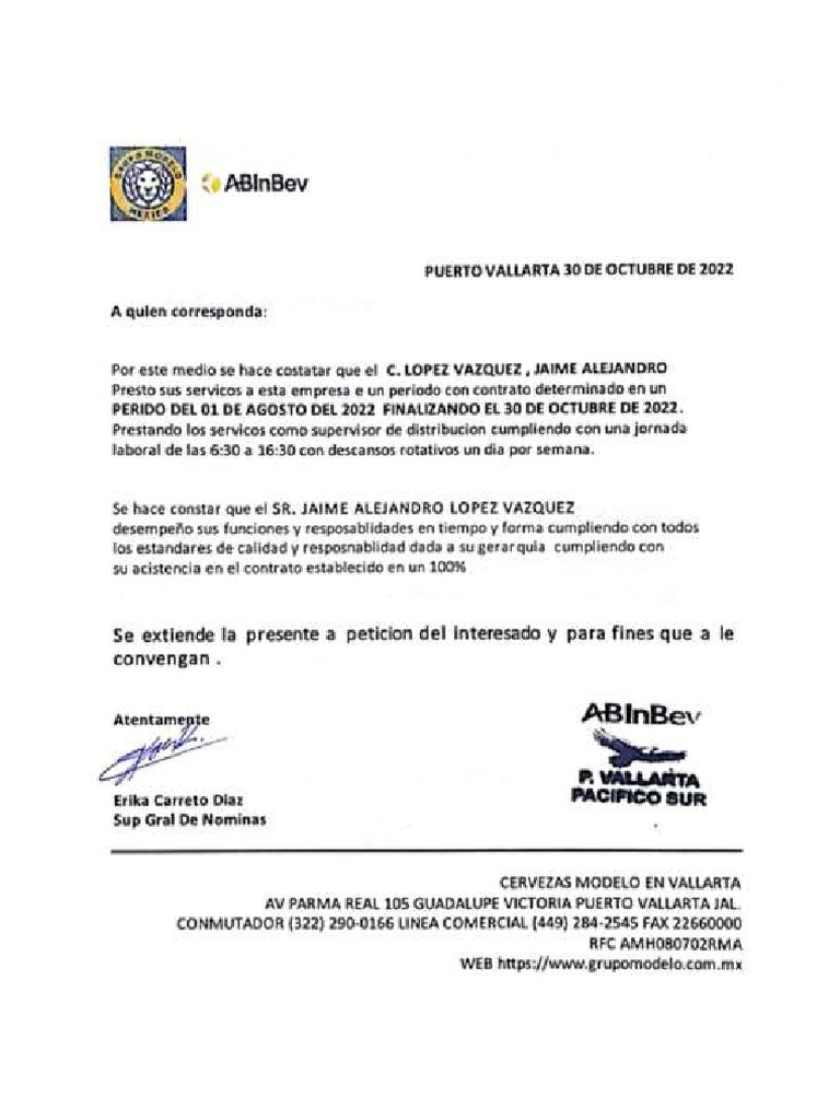 1 - 2 Cartas Originales - de Constancias Laborales (Hoja Membretadacon ...