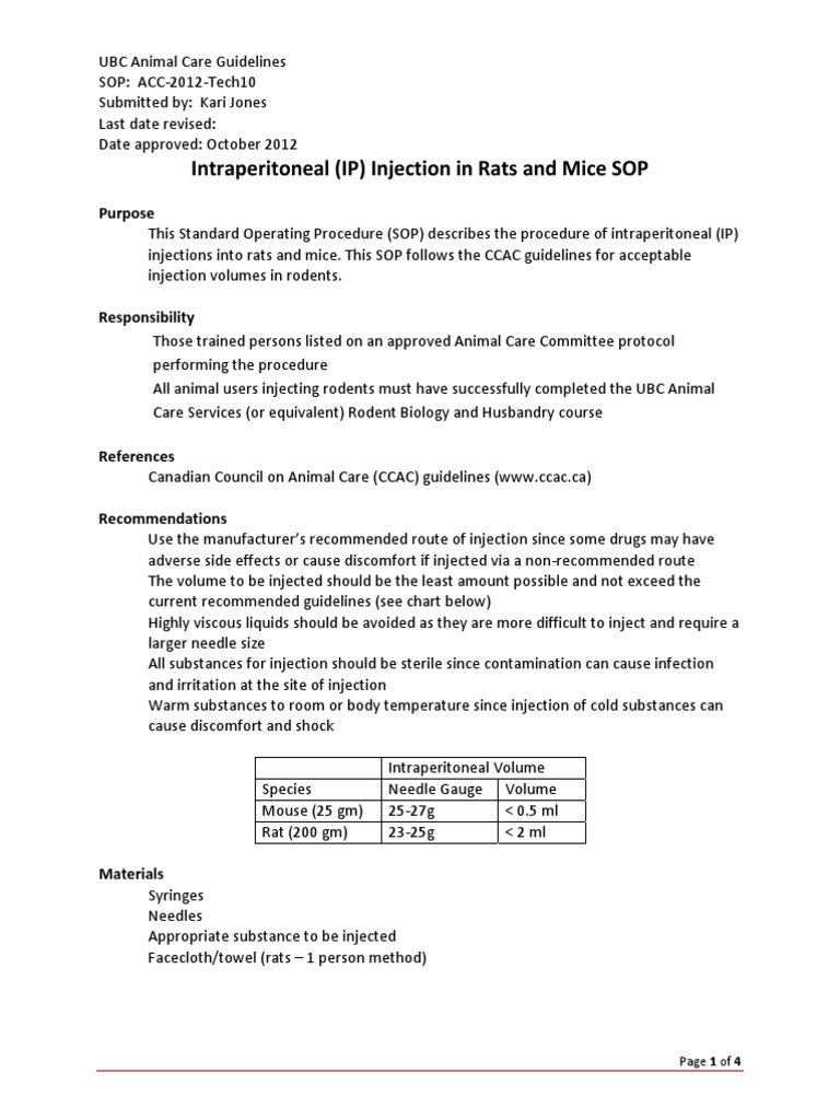 IP Injection SOP for Rats and Mice | PDF | Injection (Medicine ...