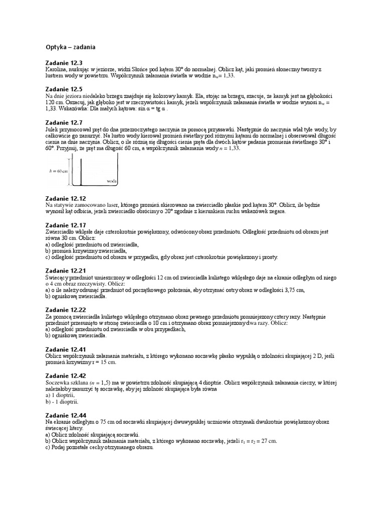 12 Optyka - Zadania Na Sprawdzian | PDF