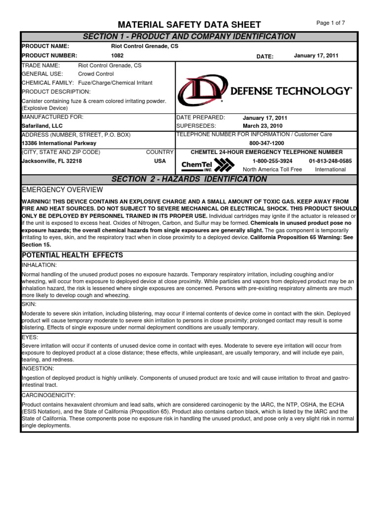 Riot Control Grenade Safety Data Sheet | PDF | Explosive Material | Fires
