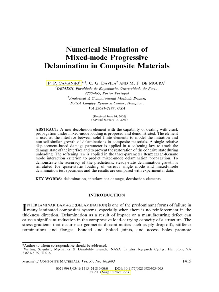 Numerical Simulation Of Mixedmode Progressive Delamination In Composite Materials Pdf