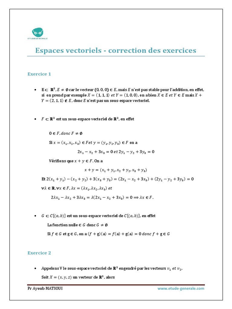 Espaces Vectoriels Correction Des Exercices WWW - Etude | PDF | Base ...