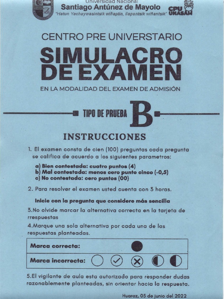 Cpu Unasam 1er Simulacro Del Ciclo Regular 2022 I Tipo de Prueba B | PDF