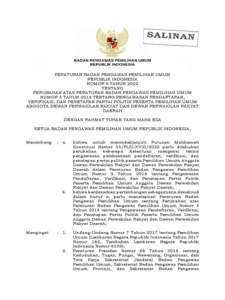 Perbawaslu Nomor 6 Tahun 2022 Tentang Perubahan Atas Peraturan Badan