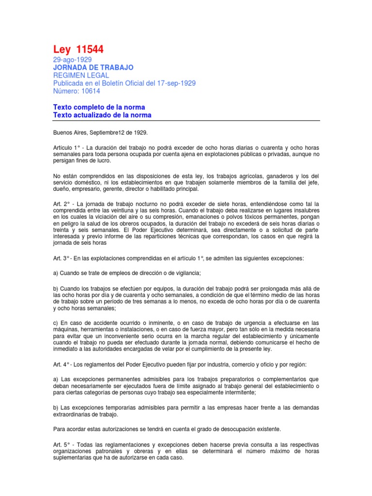 Ley 11544 | PDF | Tiempo de trabajo | Salario