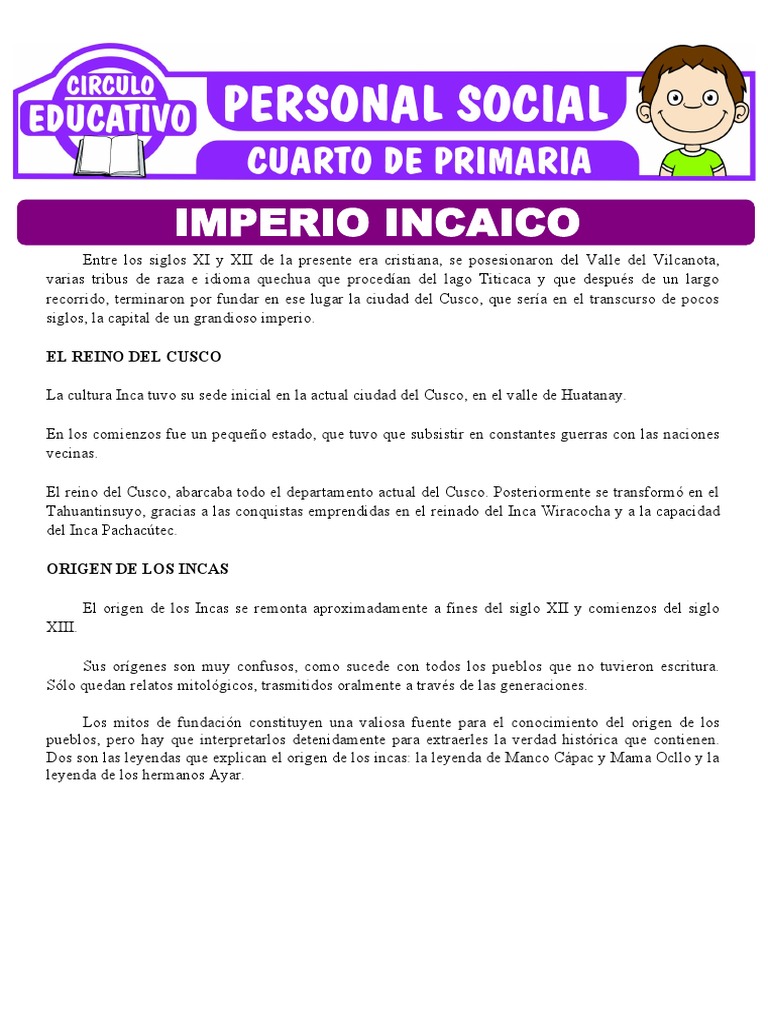Imperio Incaico para Cuarto de Primaria | PDF | Imperio Inca