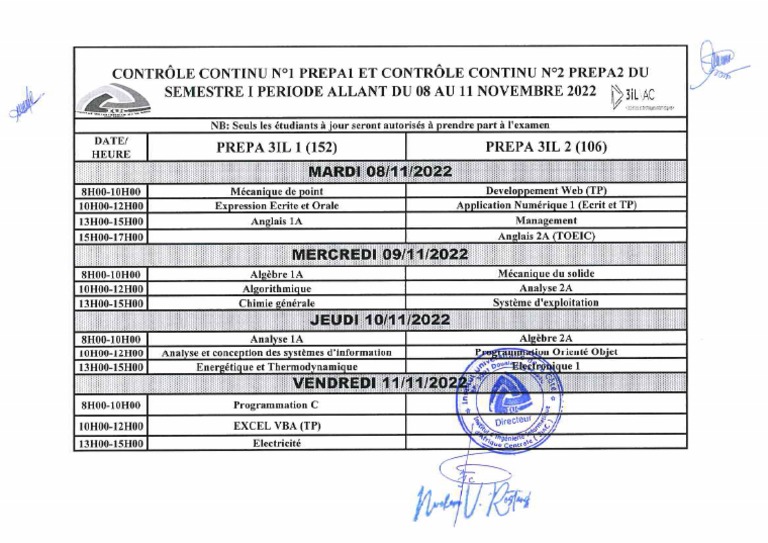 Planning CC1 Prepa1 Et CC2 Prepa2 Du 8-11 - Nov 22 | PDF