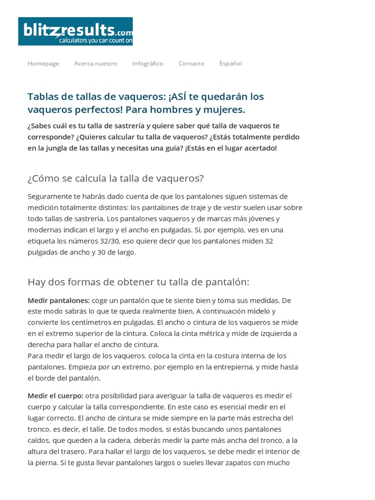 Tablas de Tallas de Vaqueros - ¡ASÍ Te Quedarán Los Vaqueros Perfectos! para Hombres y Mujeres ...