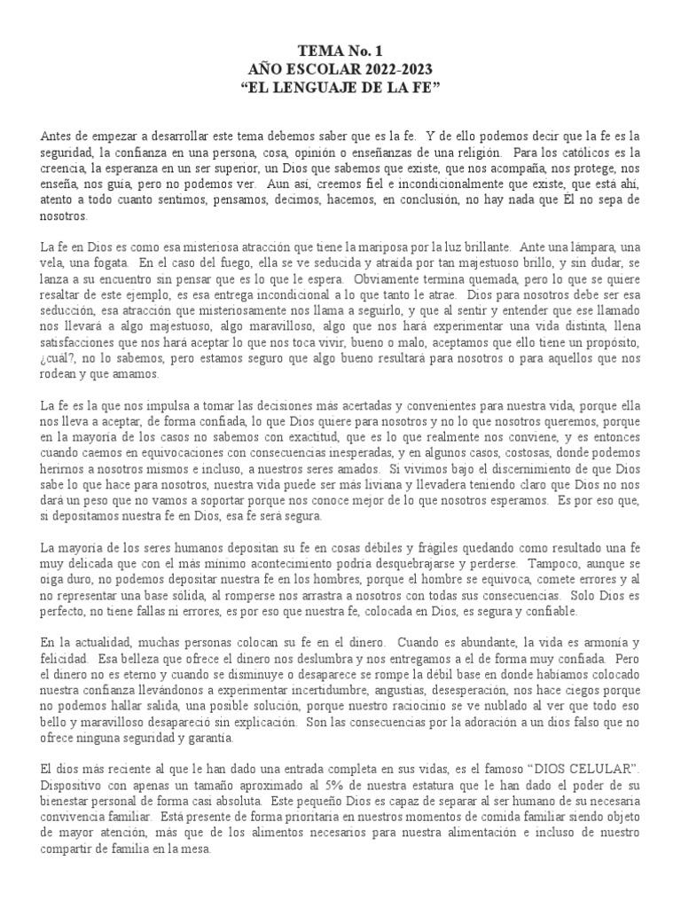 TEMA No. 1 EL LENGUAJE DE LA FE | PDF | Fe | Dios