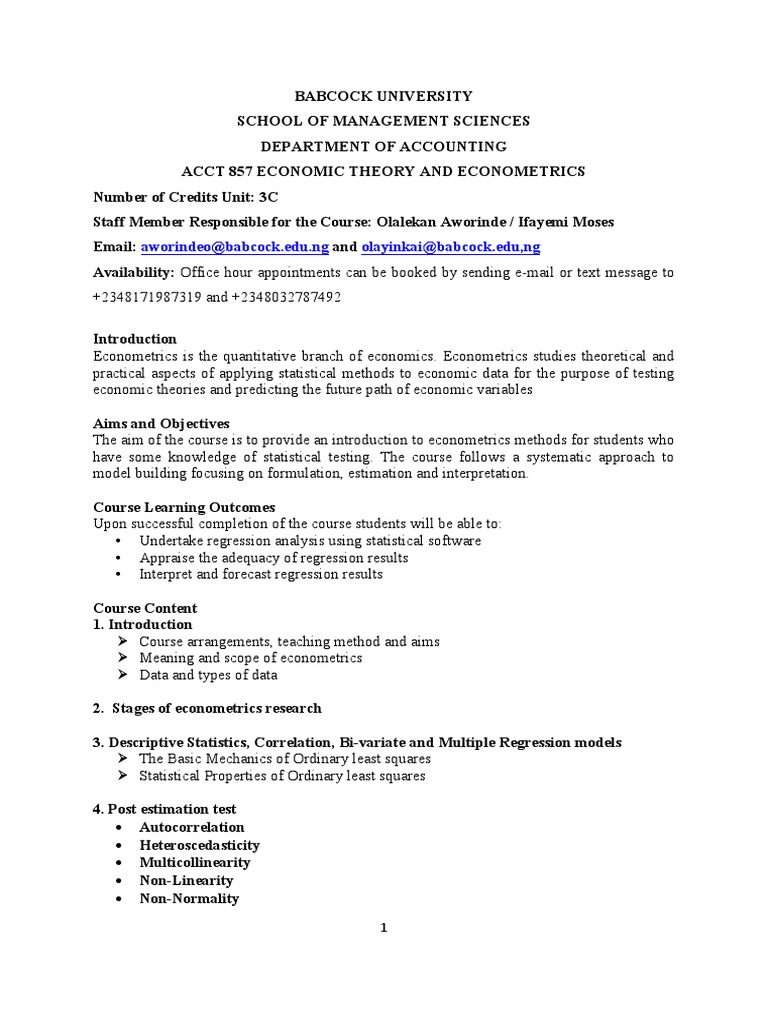 Babcock University Econometrics Course Covers Regression, Panel Data ...