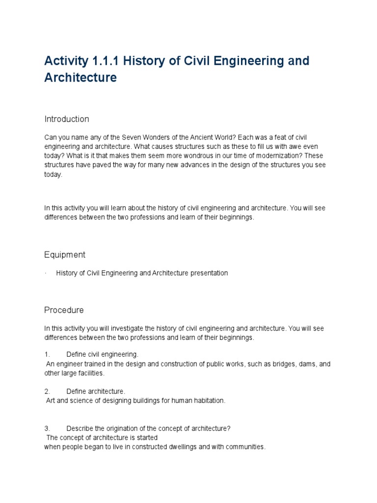 Activity 1.1.1 History of Civil Engineering and Architecture | Download ...