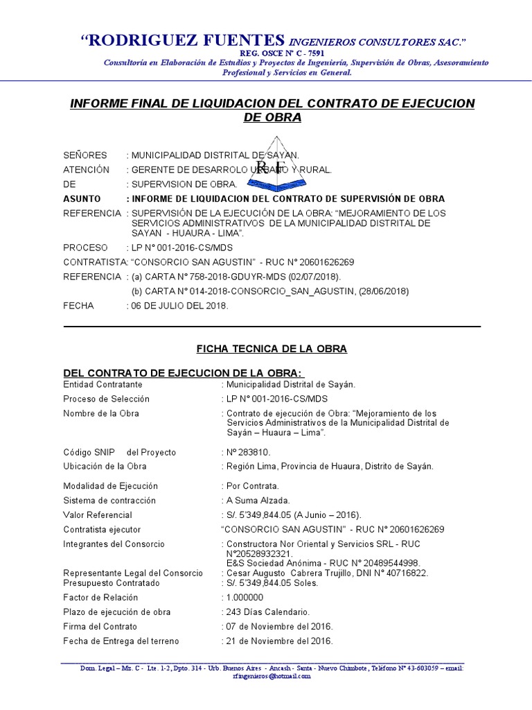 Informe Final de Liquidacion de Ejecucion de Obra | PDF | Ingeniero civil | Diseño arquitectonico