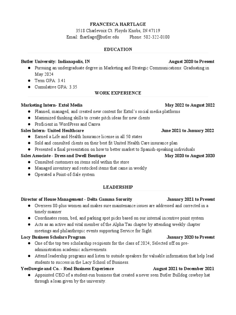 Francesca Hartlages Resume Nov 2022 | PDF | Business