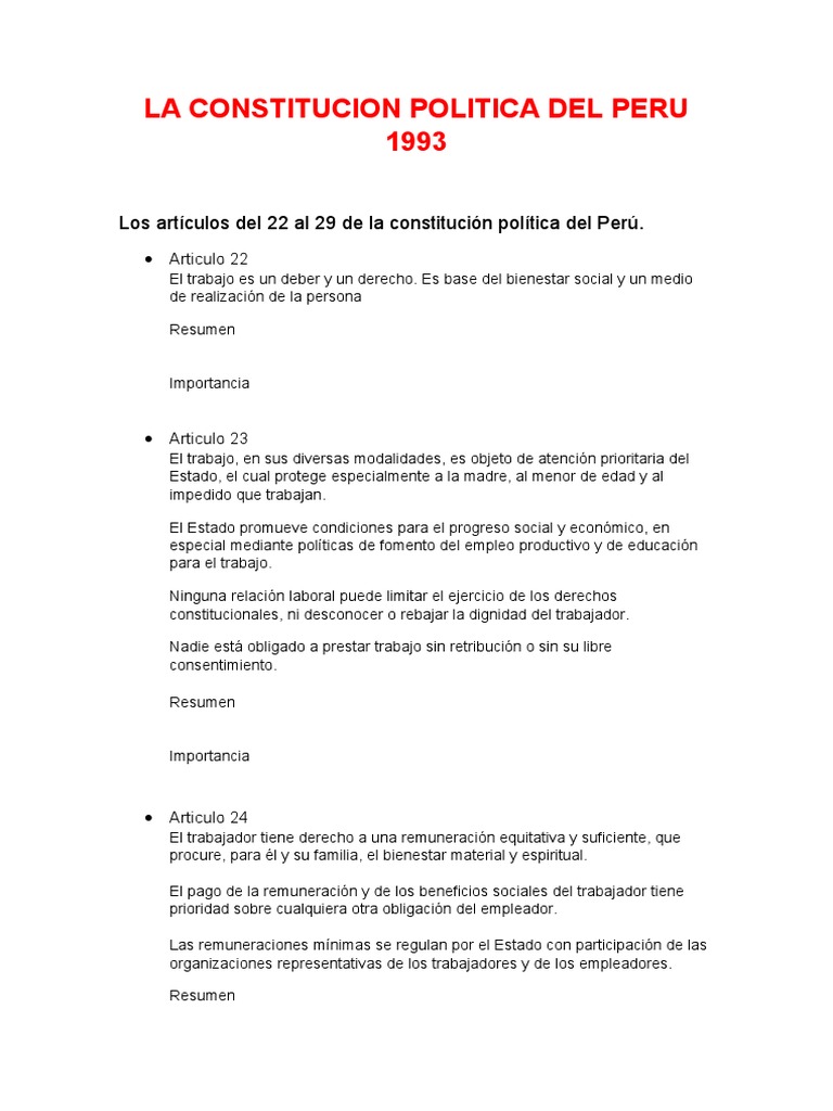 La Constitucion Politica Del Peru 1993 Pdf Derecho Laboral Salario