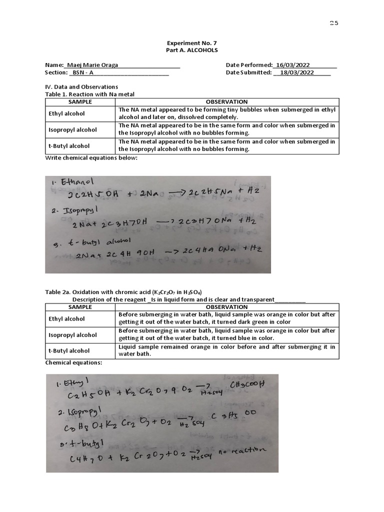 7 Experiment No. 7 Alcohols Part A - Answer Sheet | PDF | Ethanol | Redox