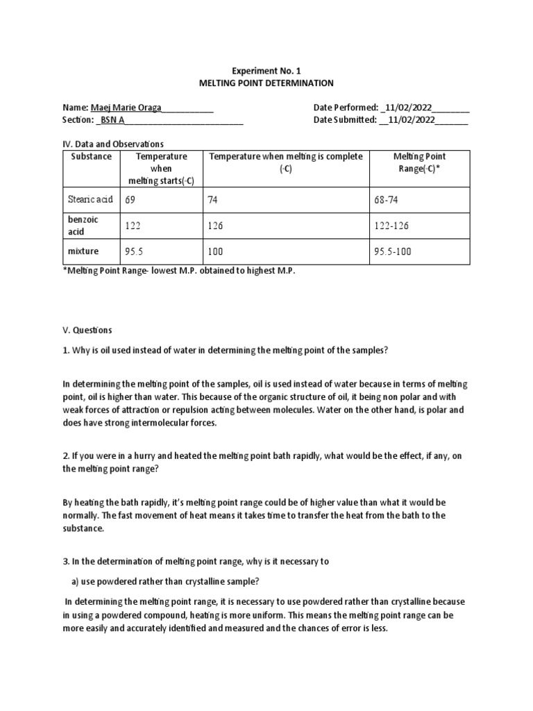 Experiment No. 1 - Melting Point Answer Sheet | PDF | Melting Point ...