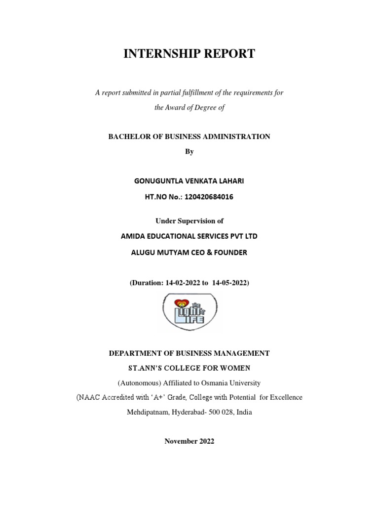 Internship Report: A Report Submitted in Partial Fulfillment of The ...