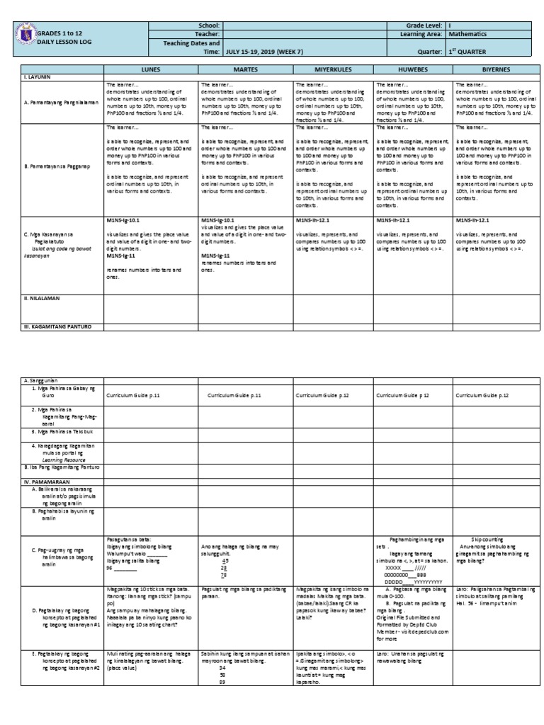 Mathematics 1 Q1 W7 DLL | PDF | Learning | Cognitive Science