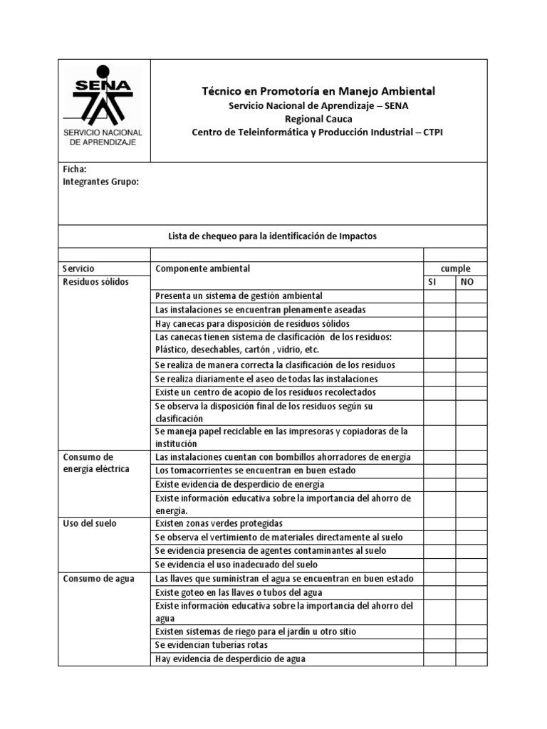 Lista De Chequeo De Impactos Ambientales Pdf Residuos Agua