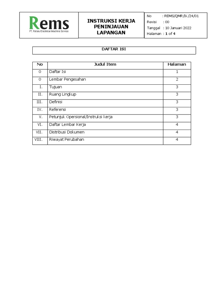 REMS-QMR-IK-24-01 INSTRUKSI KERJA PENINJAUAN LAPANGAN Ok | PDF