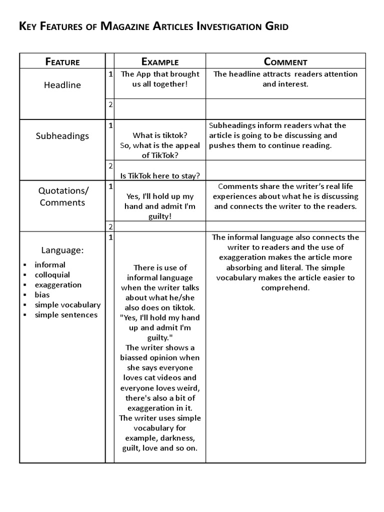Key Features of Magazine Article | PDF | Linguistics | Human Communication
