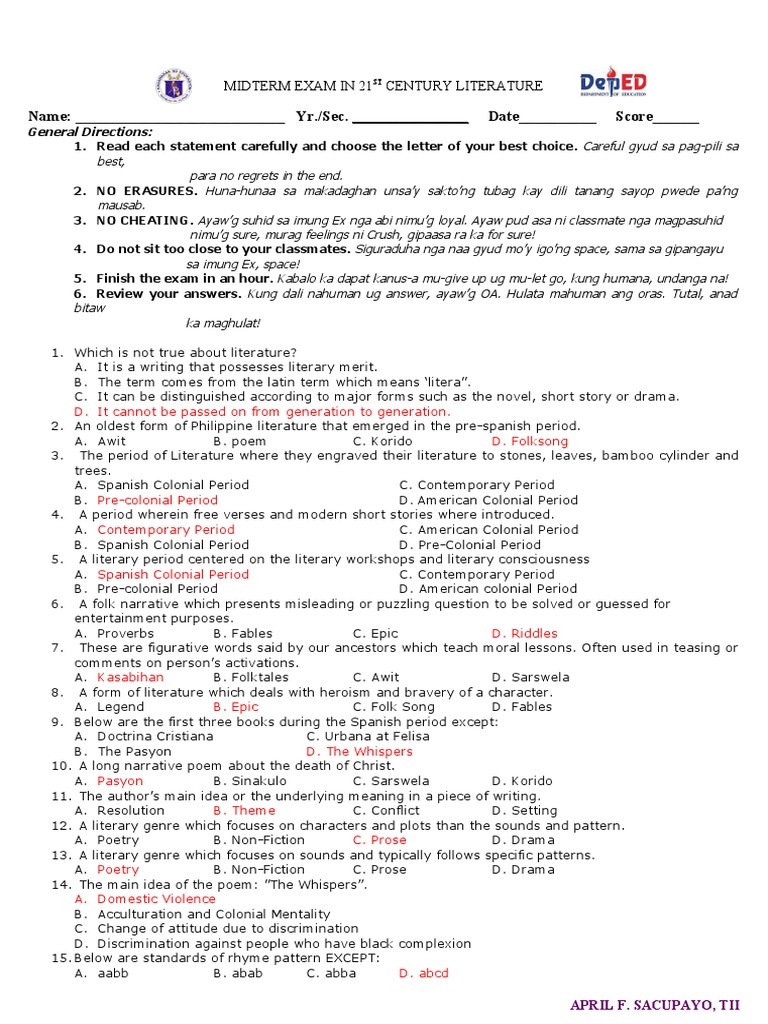 Midterm - Exam - On - 21ST - Century - Lit Final Key Answer | PDF ... Midterm - Exam - On - 21ST - Century - Lit Final Key Answer | PDF ...