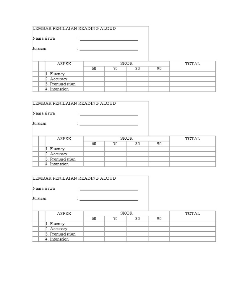 Reading Aloud Assessment Sheet | PDF