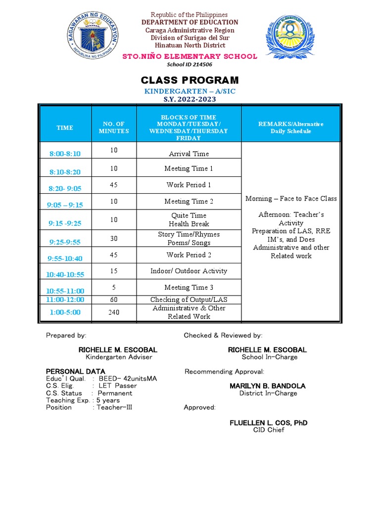 Kindergarten Class Program 2022-2023 | PDF