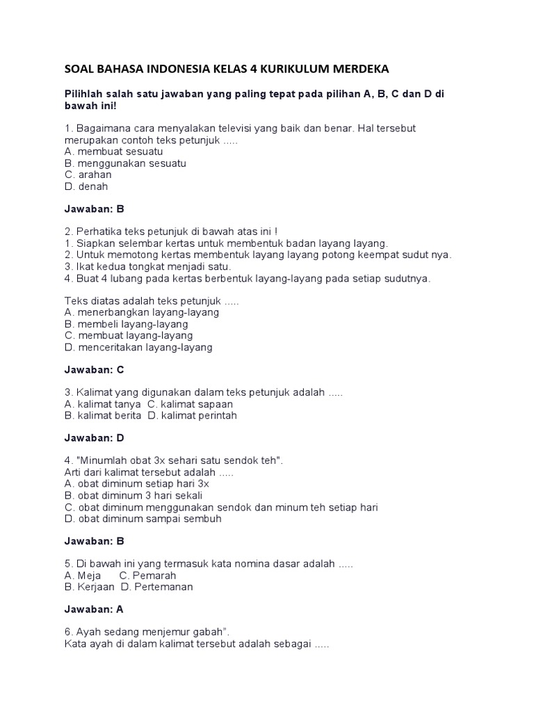 Soal Bahasa Indonesia Kelas 4 Kurikulum Merdeka | PDF