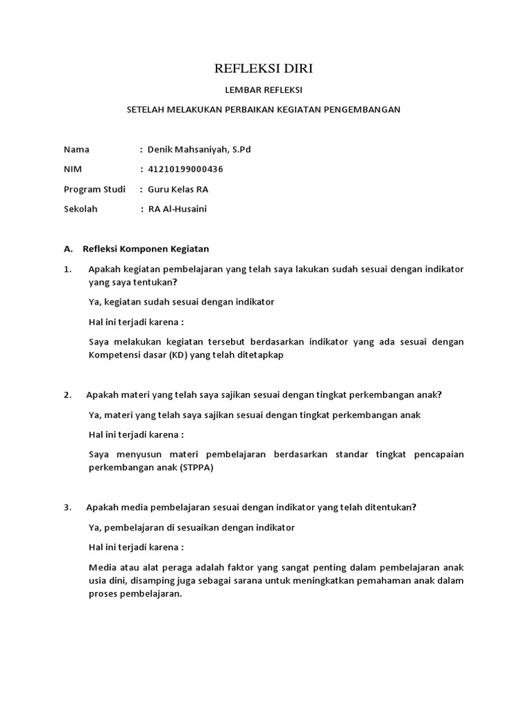 Refleksi Diri Guru PAUD Denik Mahsaniyah | PDF