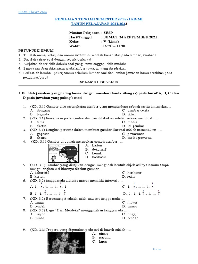 Soal & Jawaban PTS SBDP Kelas 5 Semester 1 Tahun 2021 Sinau-Thewe | PDF
