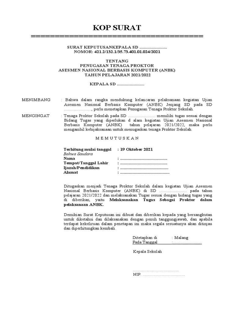 SK Penugasan Proktor ANBK 2021/2022 | PDF | Karier & Perkembangan