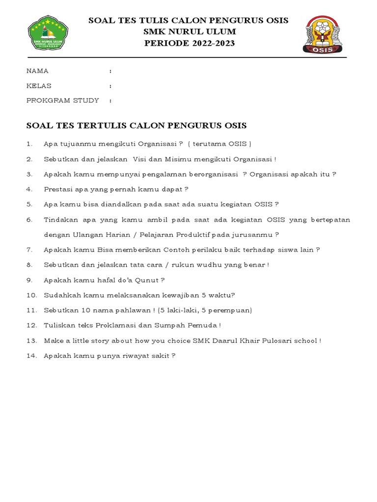 Soal Tes Tertulis Calon Pengurus OSIS | PDF