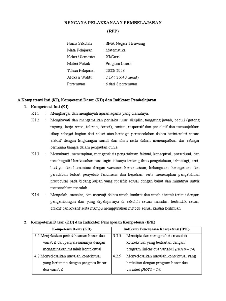 RPP PROGRAM LINEAR PJBL - PERTEMUAN 6 - SUGIARTI | PDF