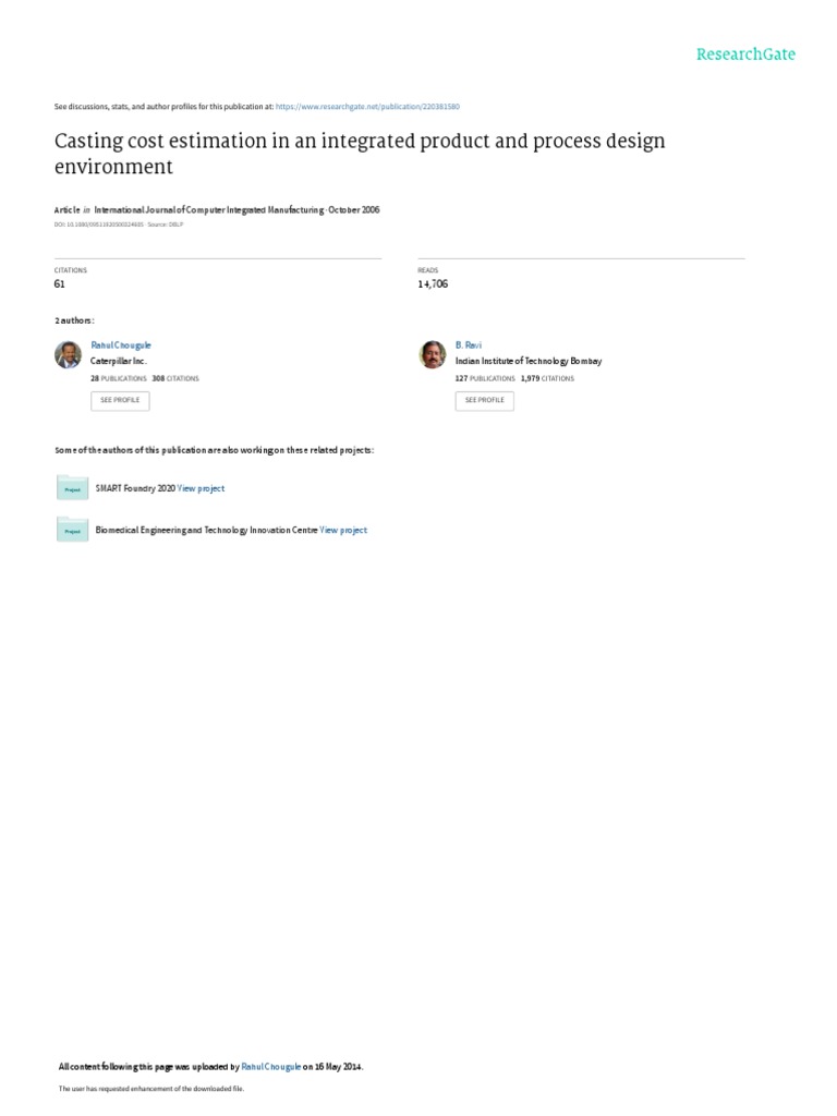 Casting Cost Estimation in An Integrated Product A | PDF | Casting ...