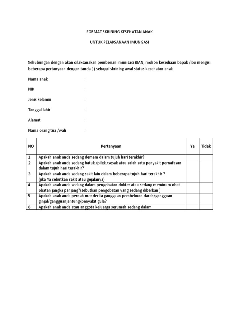 Format Skrining Kesehatan Anak | PDF Format Skrining Kesehatan Anak | PDF