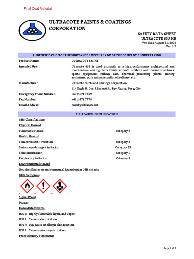 MSDS Ultracote 635 | PDF | Toxicity | Personal Protective Equipment