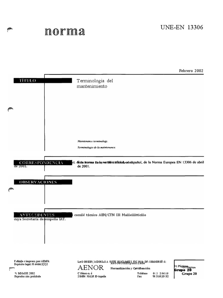 Norma UNE EN 13306 Terminologia Del Mantenimiento PDF | PDF | Planificación