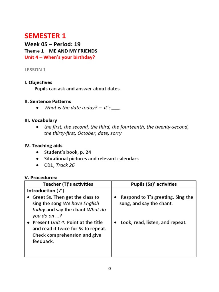 Grade 4 English Lesson Plan: Birthdays | PDF | Teachers | Question