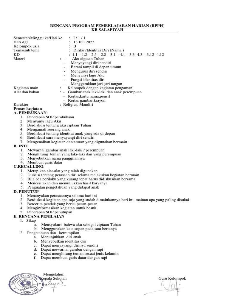 RENCANA PROGRAM PEMBELAJARAN HARIAN RPPH SM 1 2 | PDF