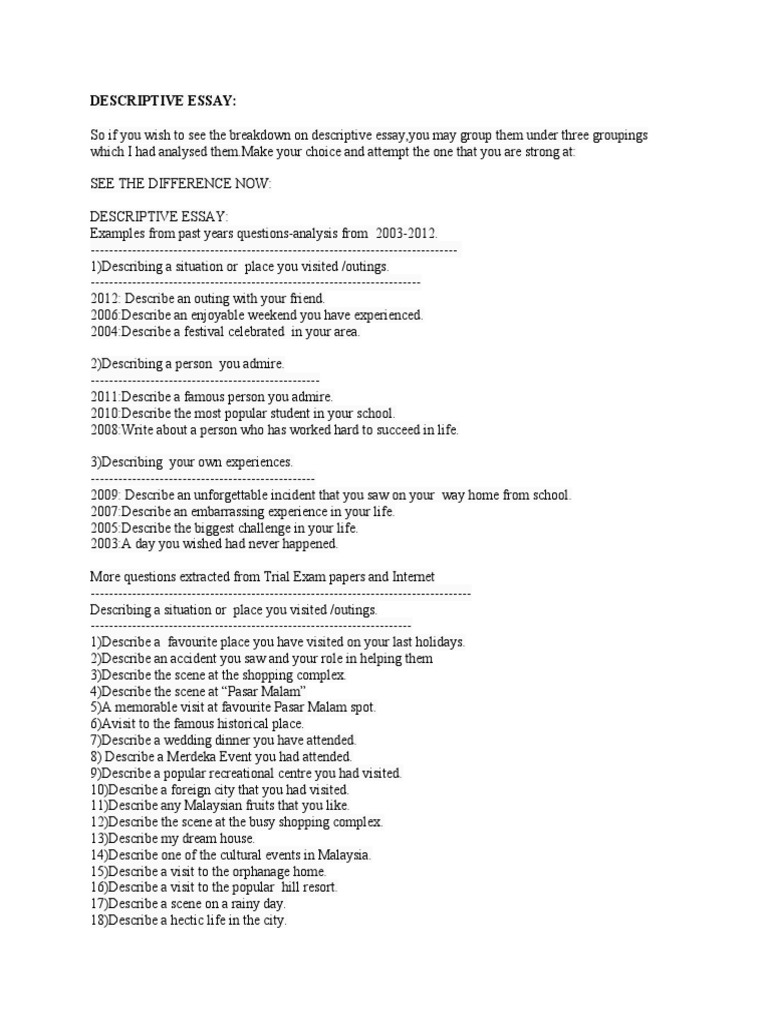 Descriptive Essay Topics Guide | PDF | Poetry