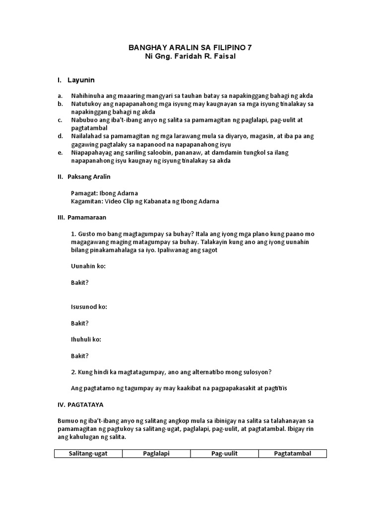 Banghay Aralin Sa Filipino 7.1 | PDF