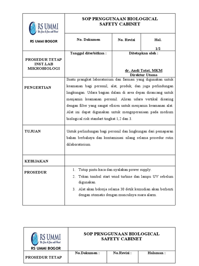 Sop Pengunaan Biological Safety Cabinet | PDF