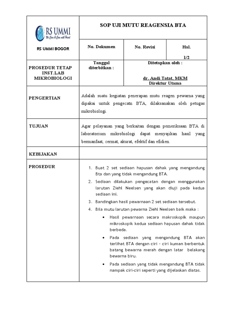 SOP Uji Mutu Reagensia BTA | PDF