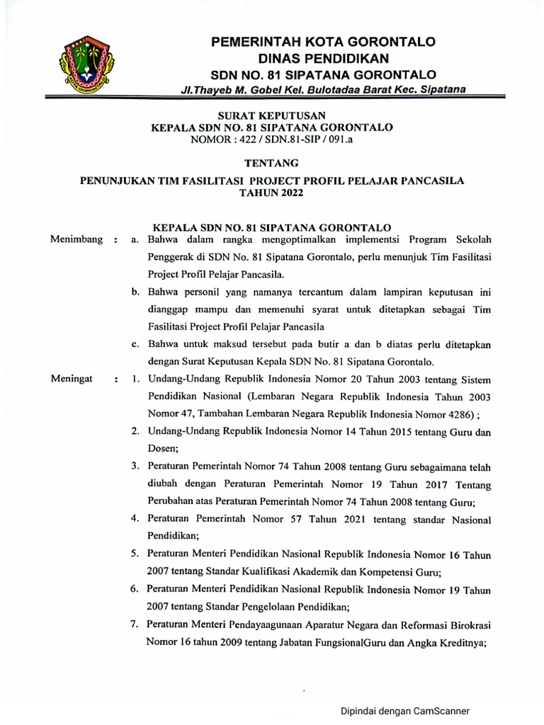 SK Tim Project Profil Pelajar Pancasila | PDF