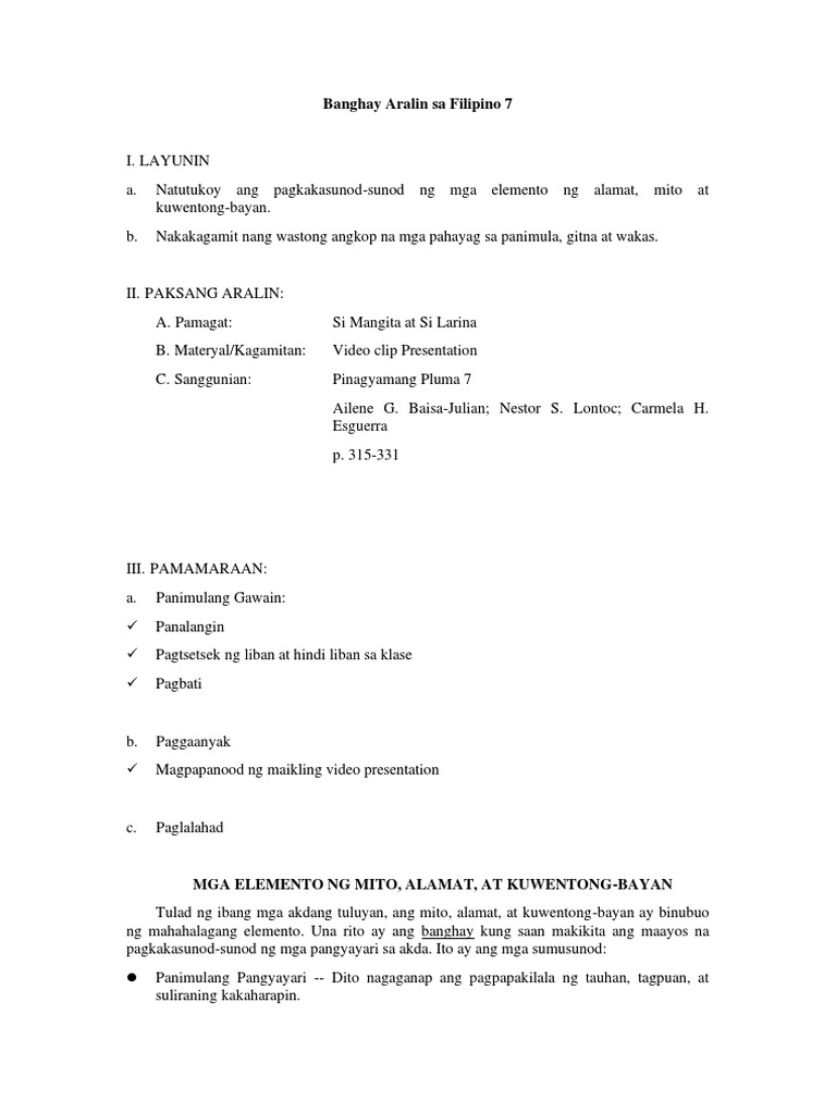 Banghay Aralin Sa Filipino 7 - APETI APPROVED | PDF