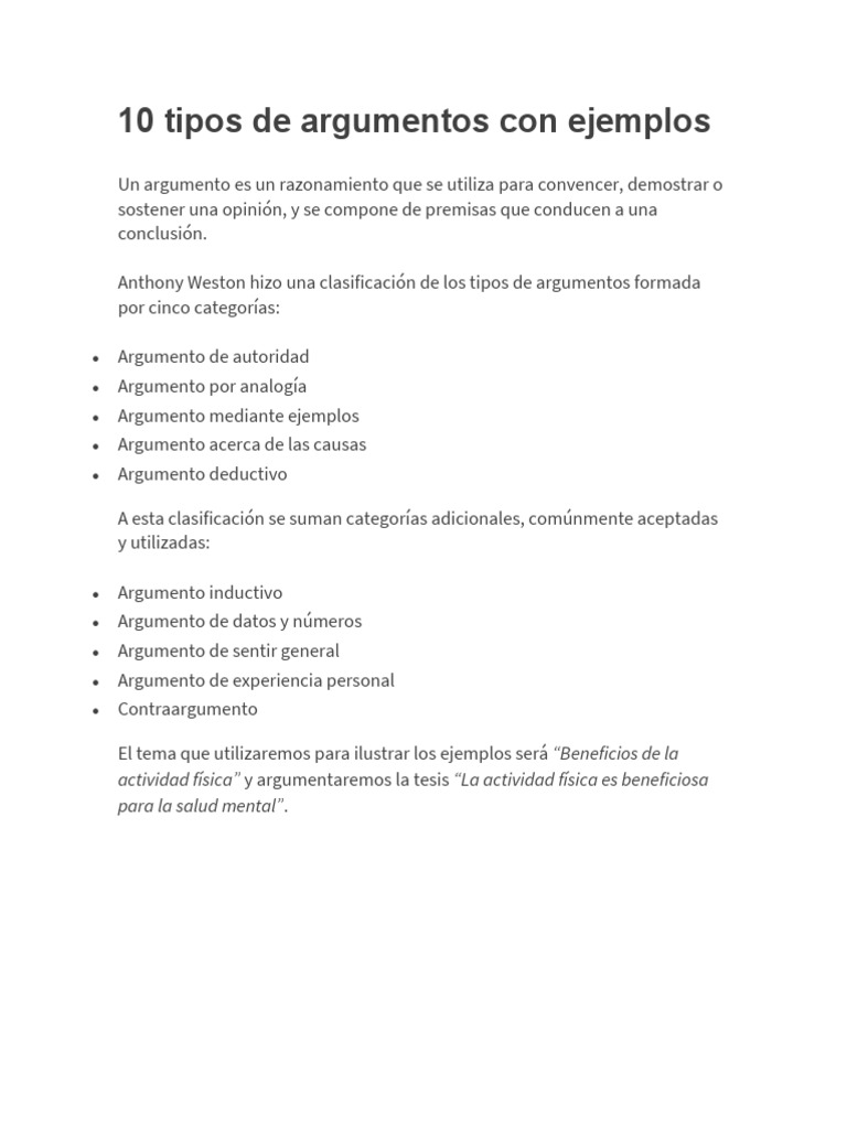 10 Tipos de Argumentos Con Ejemplos | PDF | Argumento | Mente