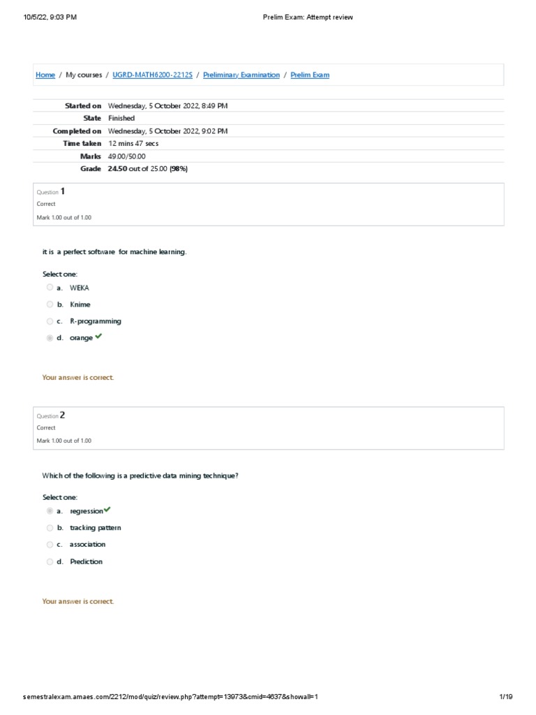 Prelim Exam Review: 98% Score on Machine Learning Test | PDF | Business ...