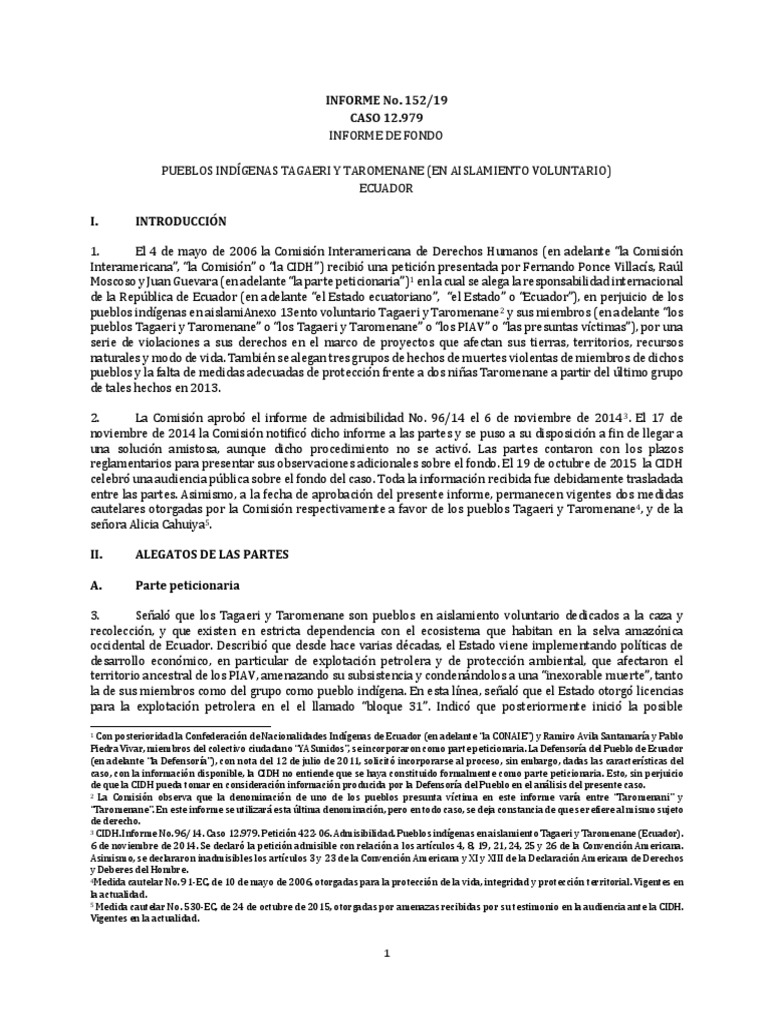 Pueblos Indígenas Tagaeri y Taromenane. Informe de Fondo #152 - 19 ...