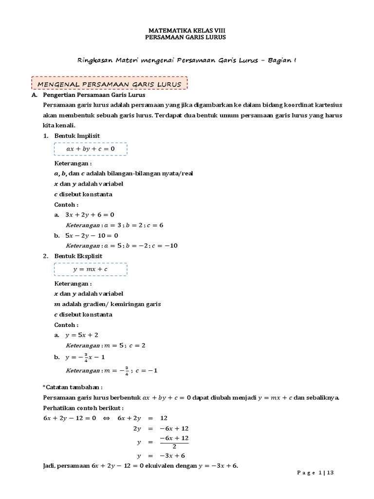 Modul Persamaan Garis Lurus Kelas VIII K | PDF